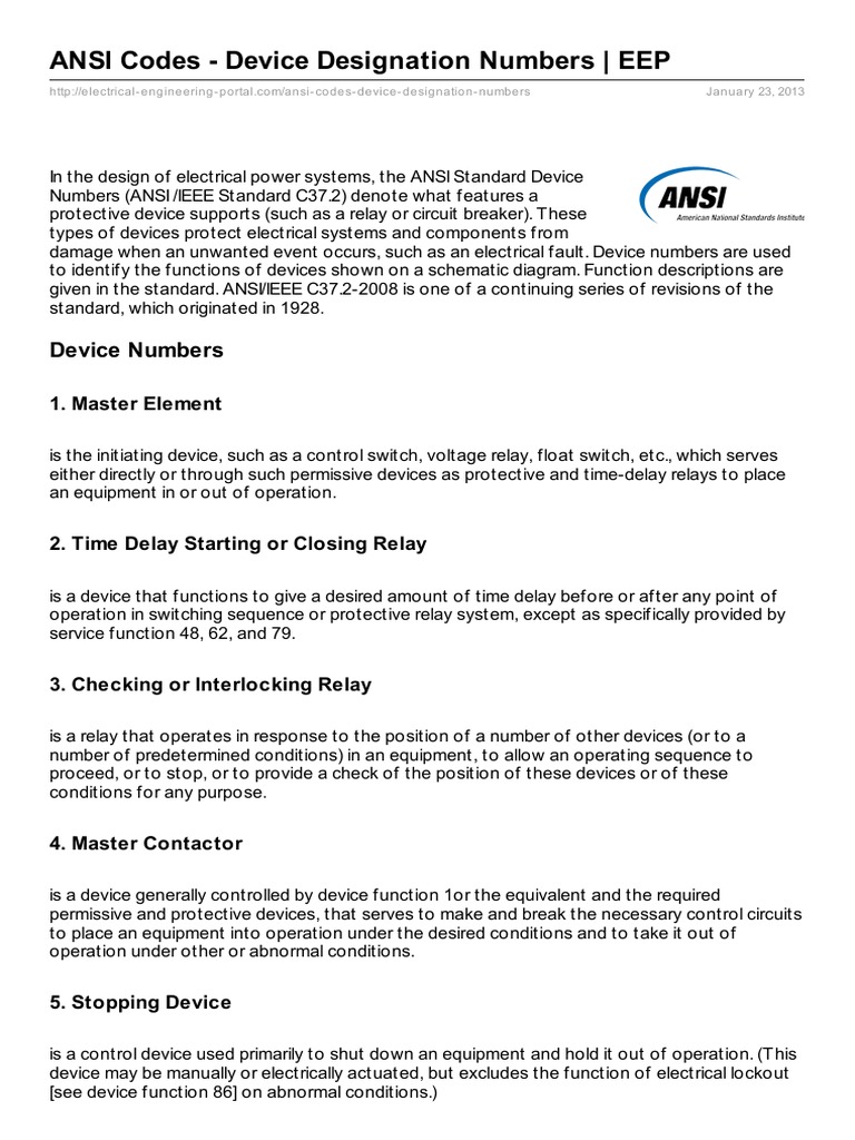 ANSI Codes Device Designation Numbers EEP | PDF | Relay | Switch