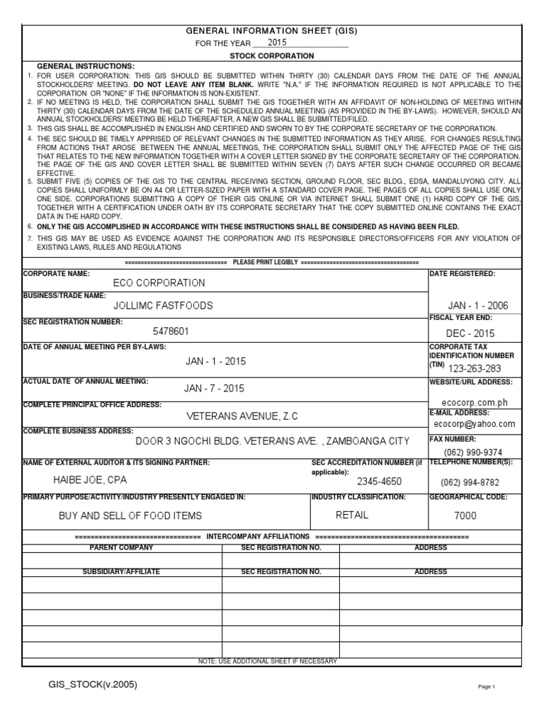 General Instructions: Stock Corporation: General Information Sheet (Gis ...