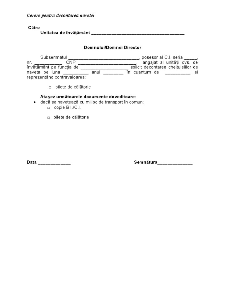 Model - Cerere Decontare Naveta | PDF
