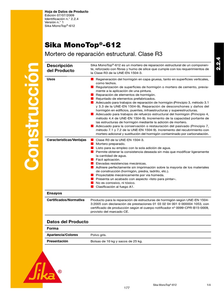Sika MonoTop-612 | PDF | Revestimiento | Hormigón