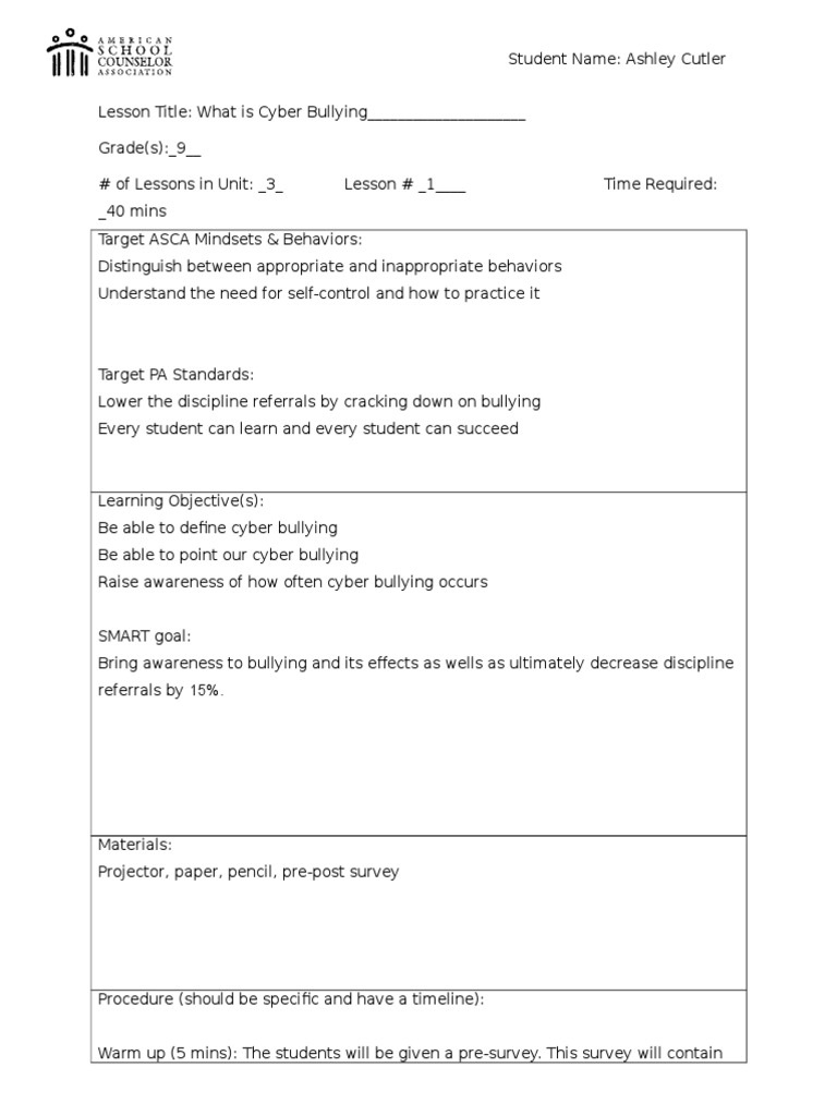 Ac - Asca Lesson Plan Template | PDF | Bullying | Cyberbullying