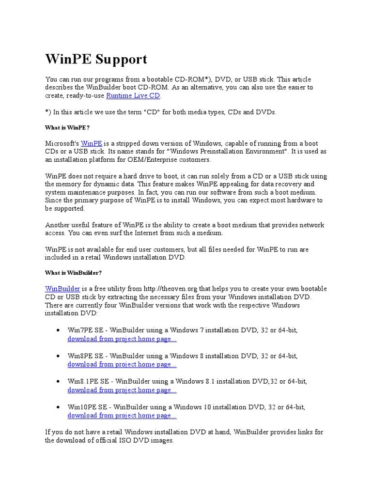 WinPE Support | PDF | Installation (Computer Programs) | Booting