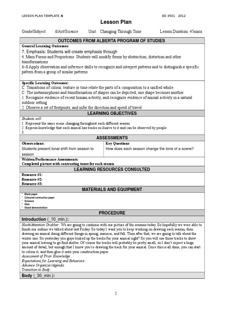 Art Lesson Plan - Changing Seasons Part 2 | PDF | Lesson Plan ...