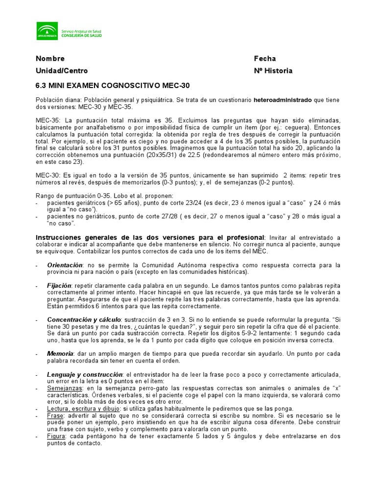 Mini Examen Cognoscitivo MEC30 | PDF | Sustracción | Memoria