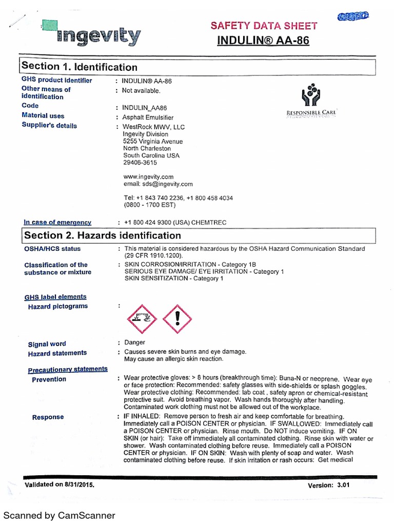 Indulin AA-86 Safety Sheet | PDF