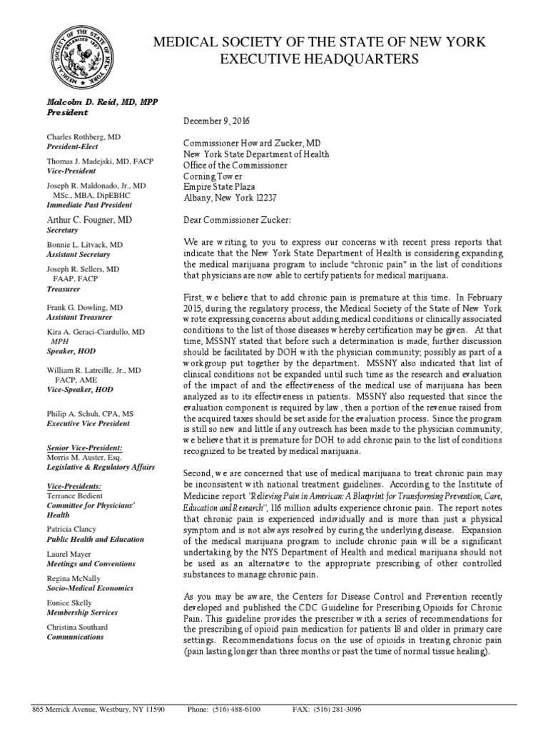 Medical marijuana letter from MSSNY to DOH | Opioid | Physician