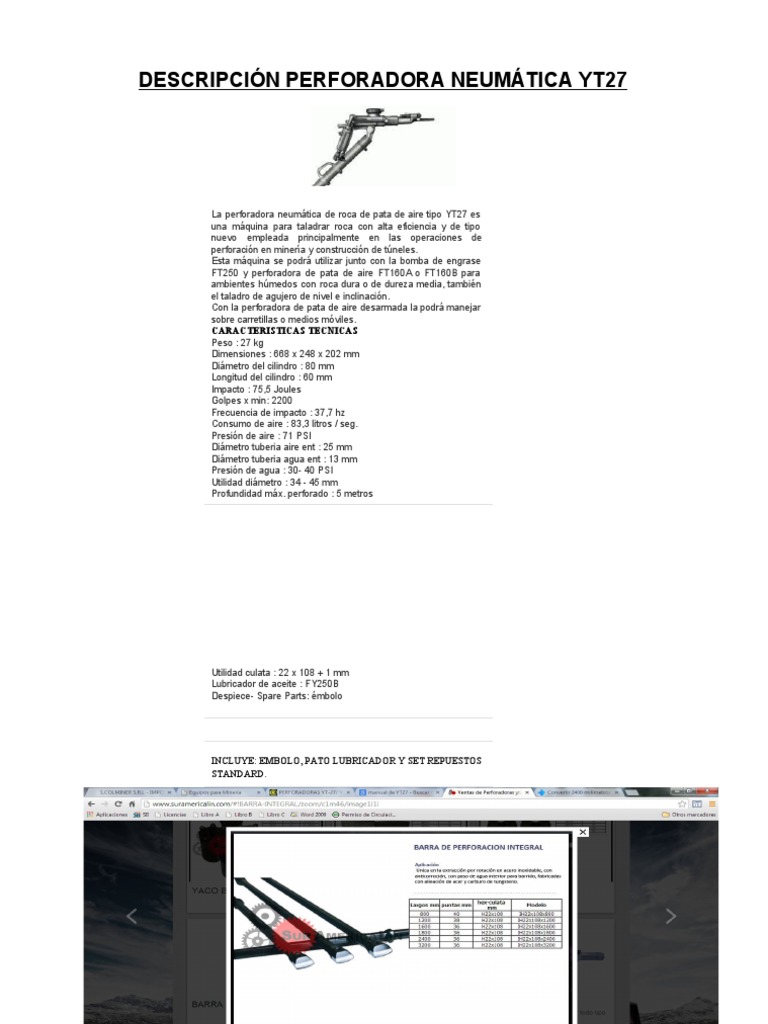 Descripción Perforadora Neumática Yt27 | PDF