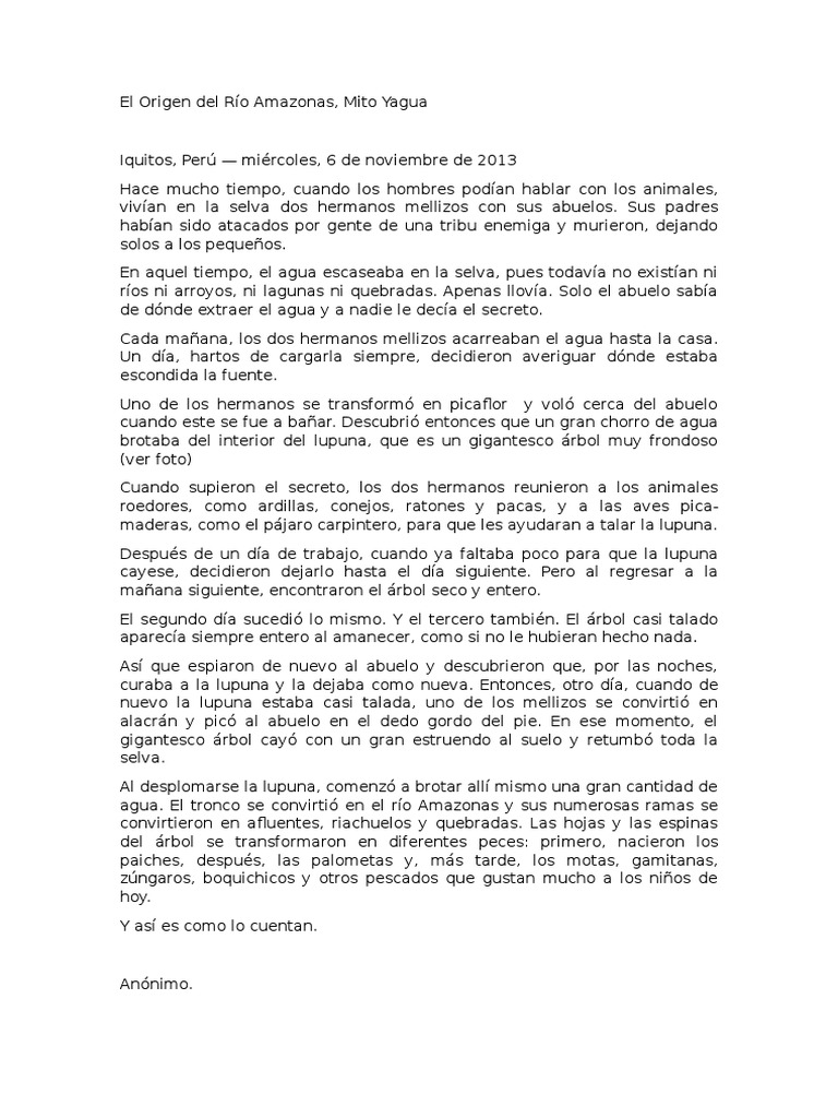 La leyenda Yagua del origen del río Amazonas | PDF | Arboles | Selva