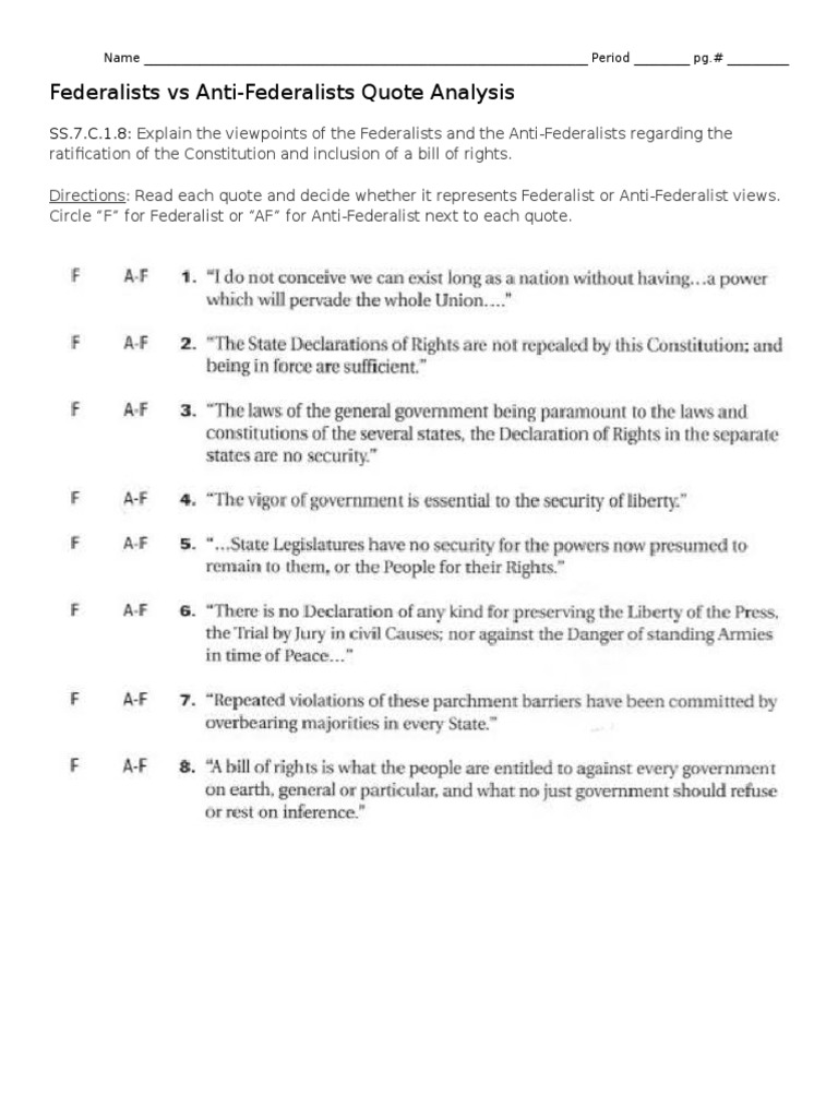Federalists Vs Anti-Federalists Quote Analysis | PDF | Finance & Money ...