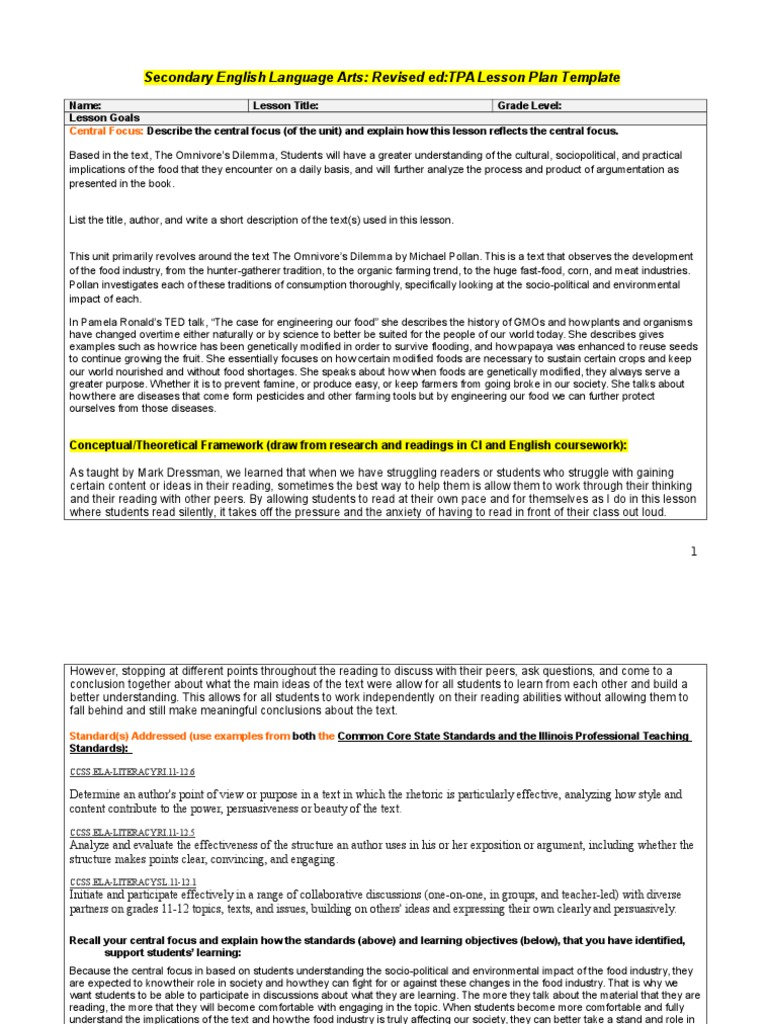Secondary English Language Arts: Revised ed:TPA Lesson Plan Template ...