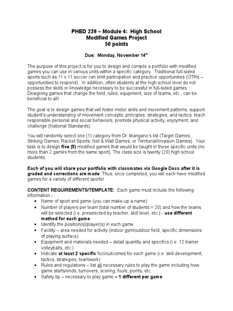 Modified Games Assignment 3 | PDF | Secondary School | Sports