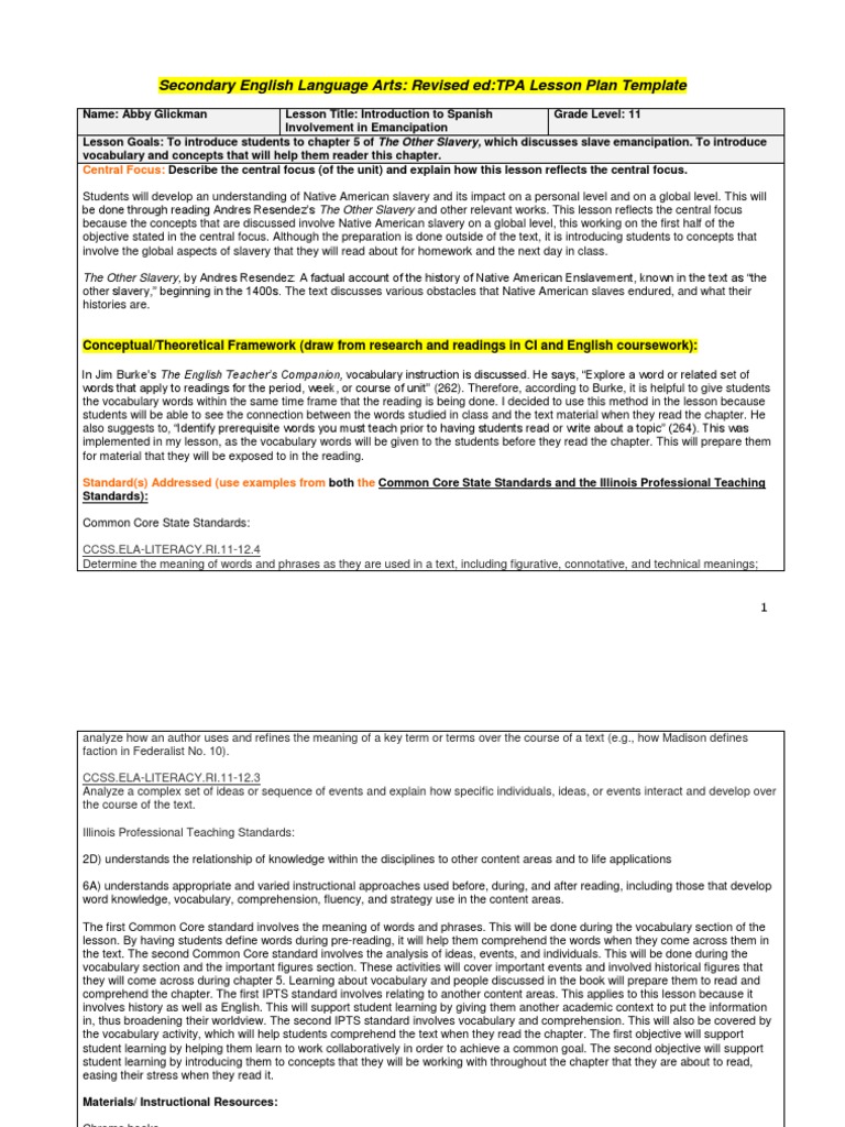 Secondary English Language Arts: Revised ed:TPA Lesson Plan Template ...