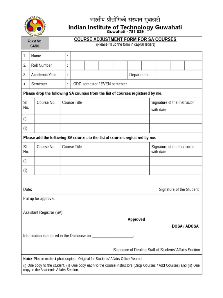 Indian Institute of Technology Guwahati: Course Adjustment Form For Sa ...