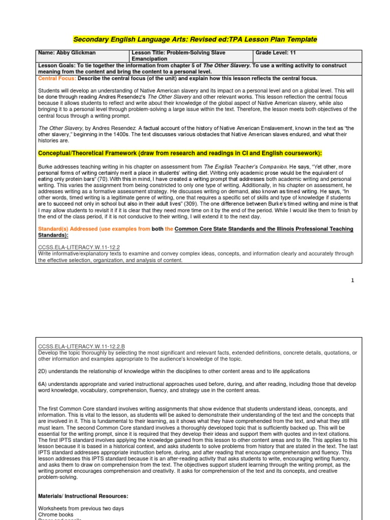 Secondary English Language Arts: Revised ed:TPA Lesson Plan Template ...