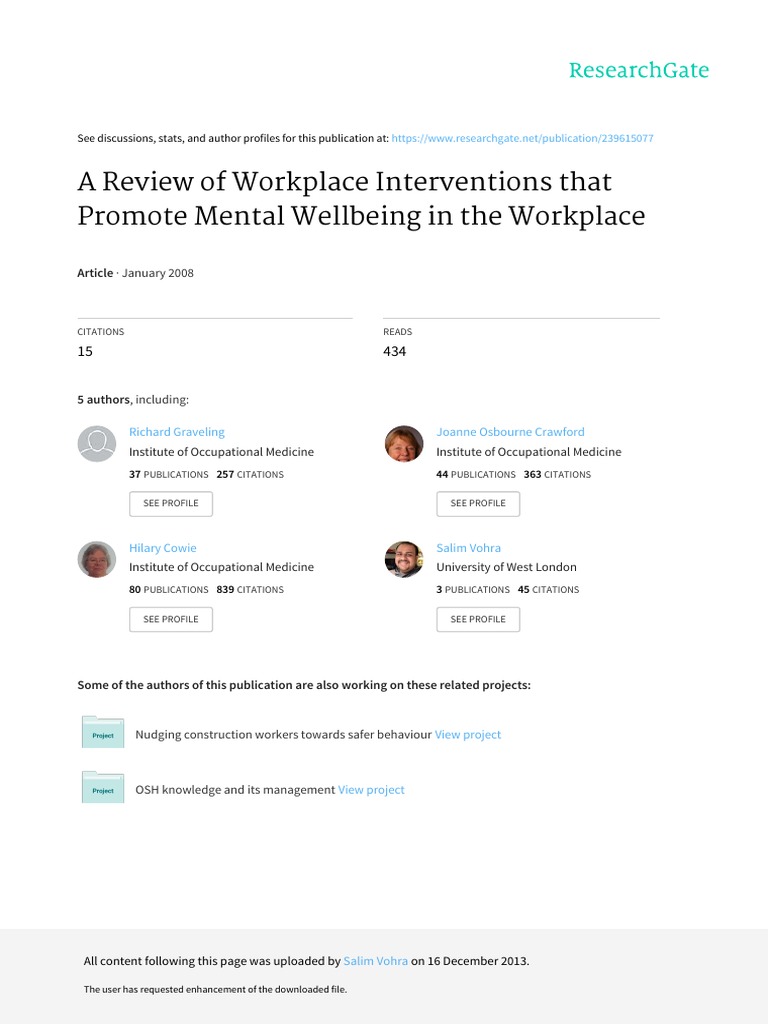 A Review of Workplace Interventions That Promote Mental Wellbeing in ...