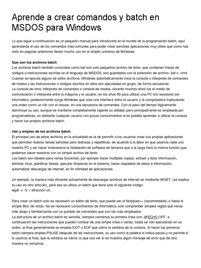Guía Básica de Comandos Batch en MSDOS | PDF | Dos | Interfaz de línea ...