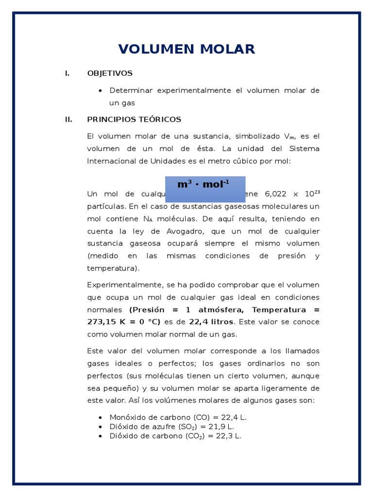 Volumen Molar | PDF | Mole (Unidad) | Gases