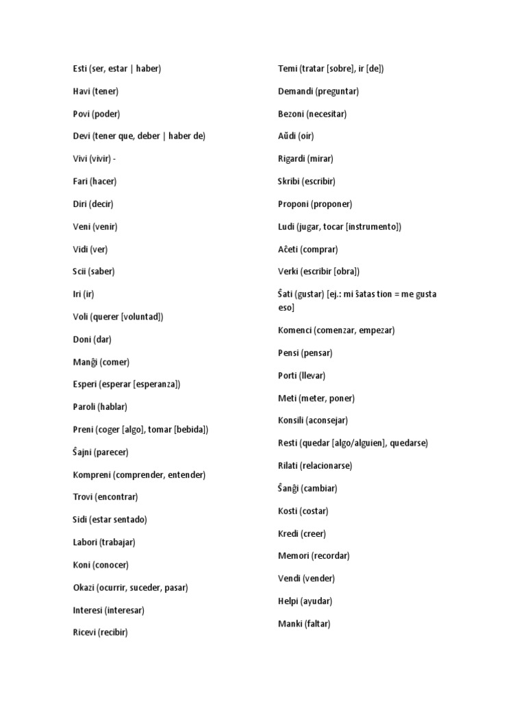 Verbos Comunes en Esperanto | PDF