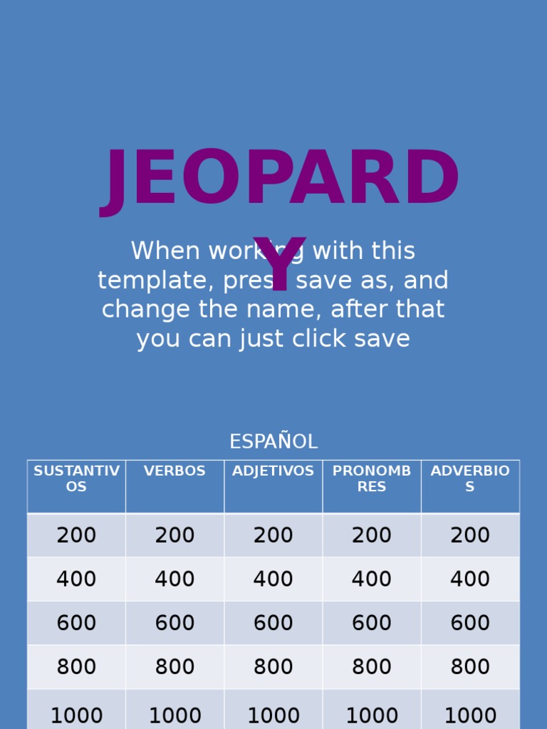 Jeopard Y: When Working With This Template, Press Save As, and Change ...