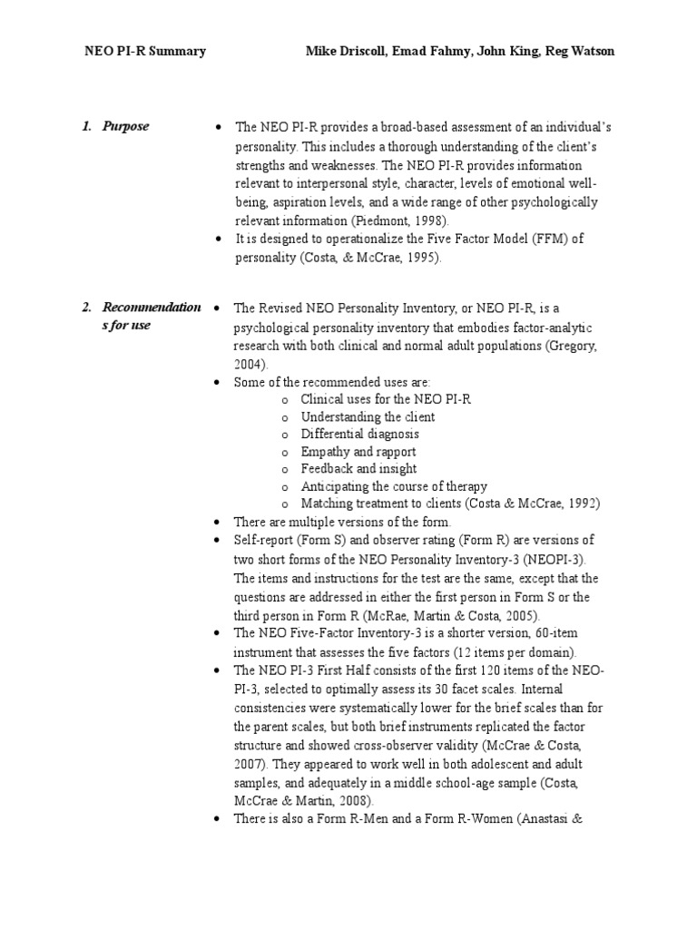 NEO PI Summary | PDF | Behavioural Sciences | Psychological Concepts