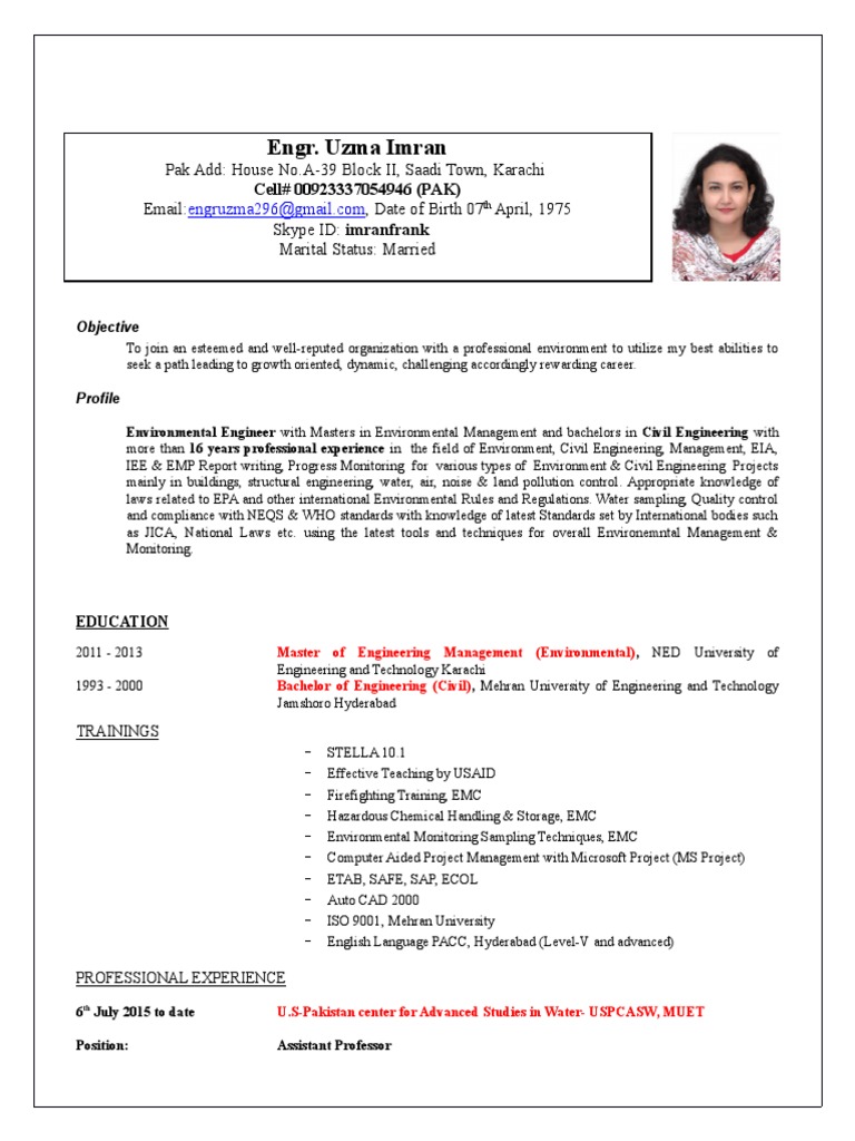 Curriculum Vitae Uzma Imran PDF | PDF | Environmental Impact Assessment | Civil Engineering