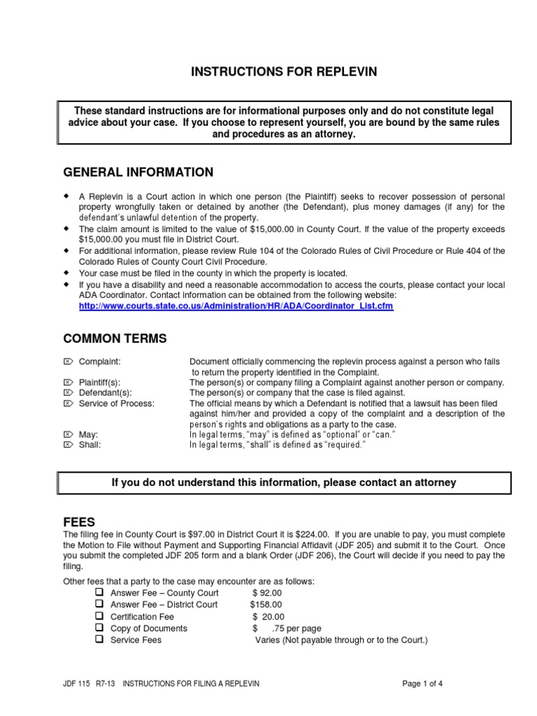 JDF 115 Replevin Instructions R7-13 | PDF | Service Of Process | Complaint