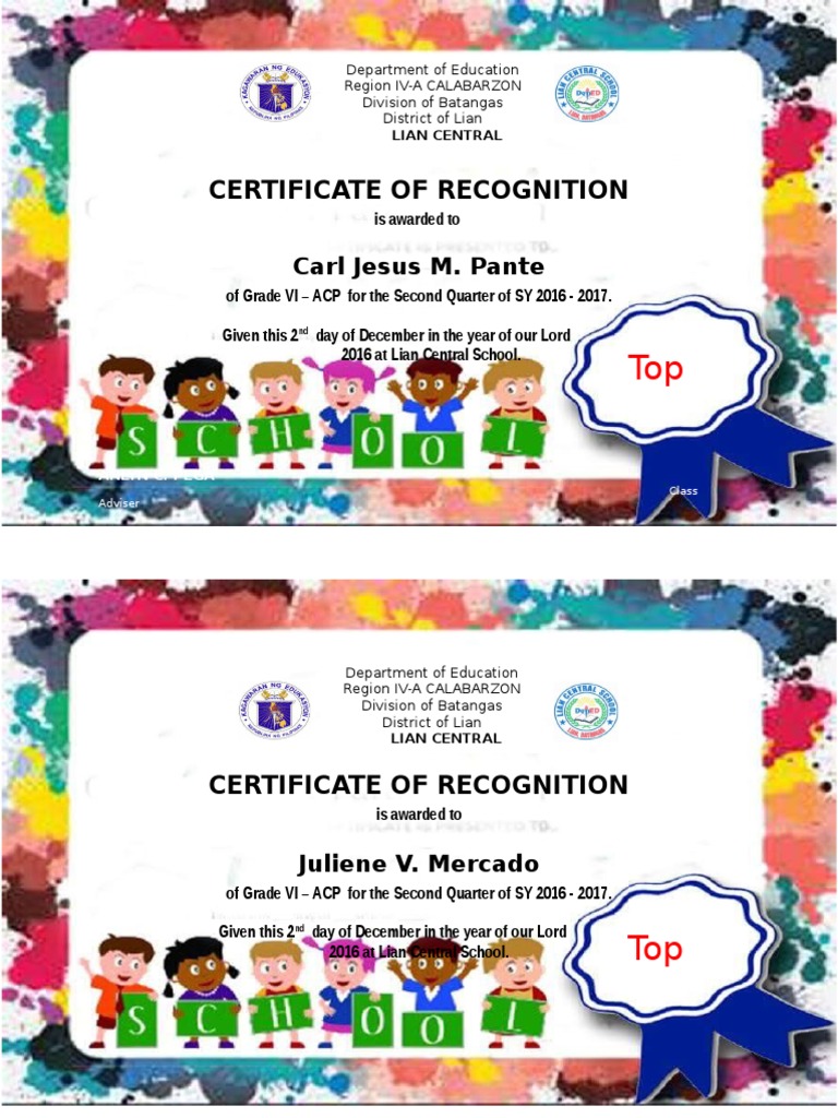 Certificate of Recognition - 2nd Grading | PDF