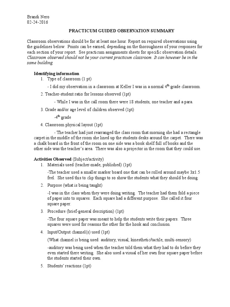 Practicum Guided Observation Summary 3 Brandi Nero | PDF | Classroom ...