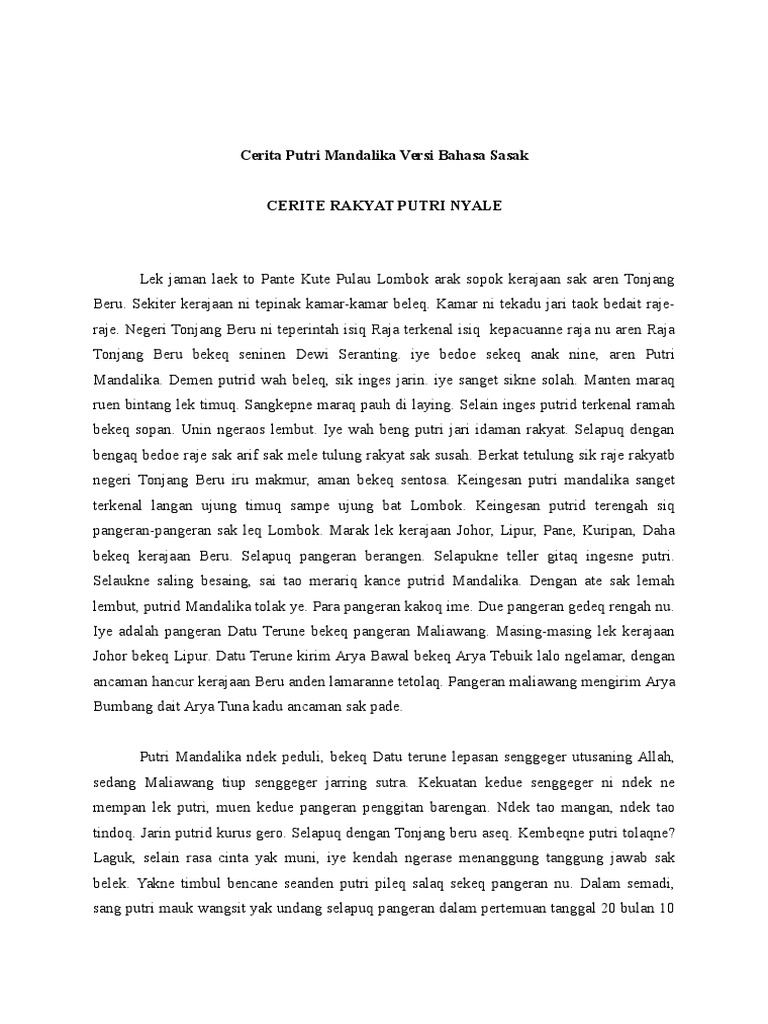 Cerita Putri Mandalika Versi Bahasa Sasak | PDF