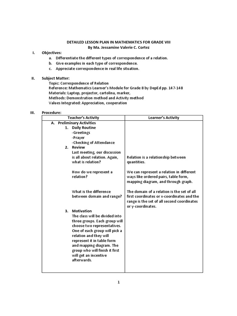 Lesson Plan in Mathematics Grade 8 (Jhess) | Function (Mathematics ...