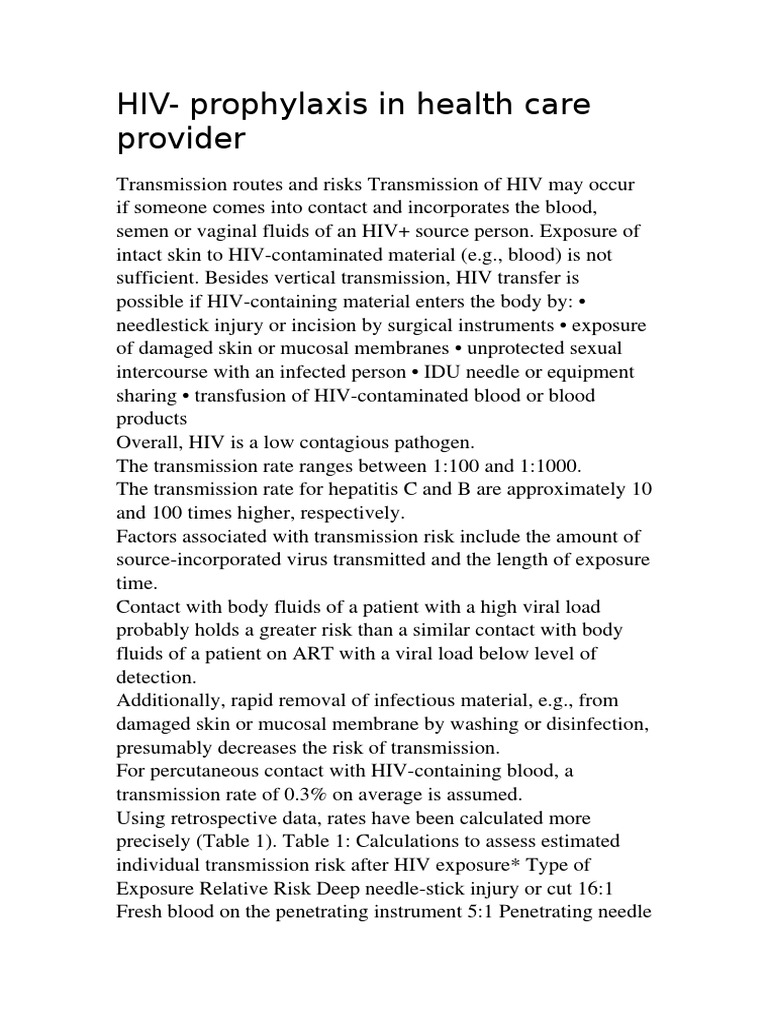 HIV Prophylaxis in Health Care Provider | PDF | Transmission (Medicine ...
