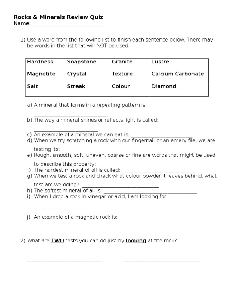Rocks & Minerals Quiz for Students | PDF | Rock (Geology) | Minerals