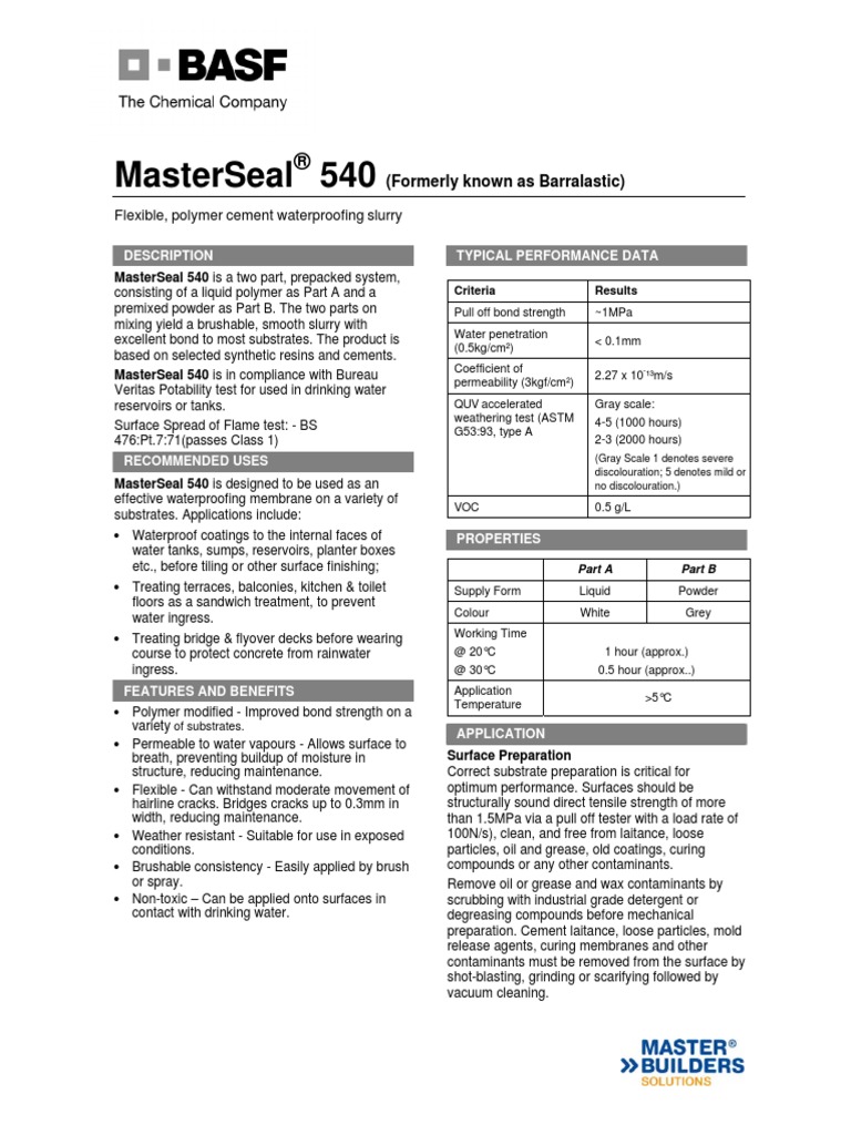 Basf Masterseal 540 Tds | Mortar (Masonry) | Concrete