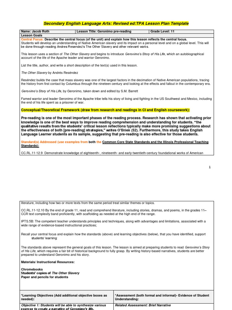 Secondary English Language Arts: Revised ed:TPA Lesson Plan Template ...