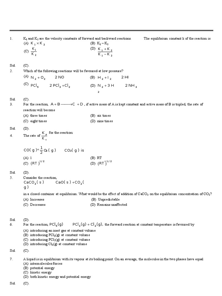 Solved Multiple Choice Questions Chemical Equilibrium | PDF | Chemical Equilibrium | Gibbs Free ...