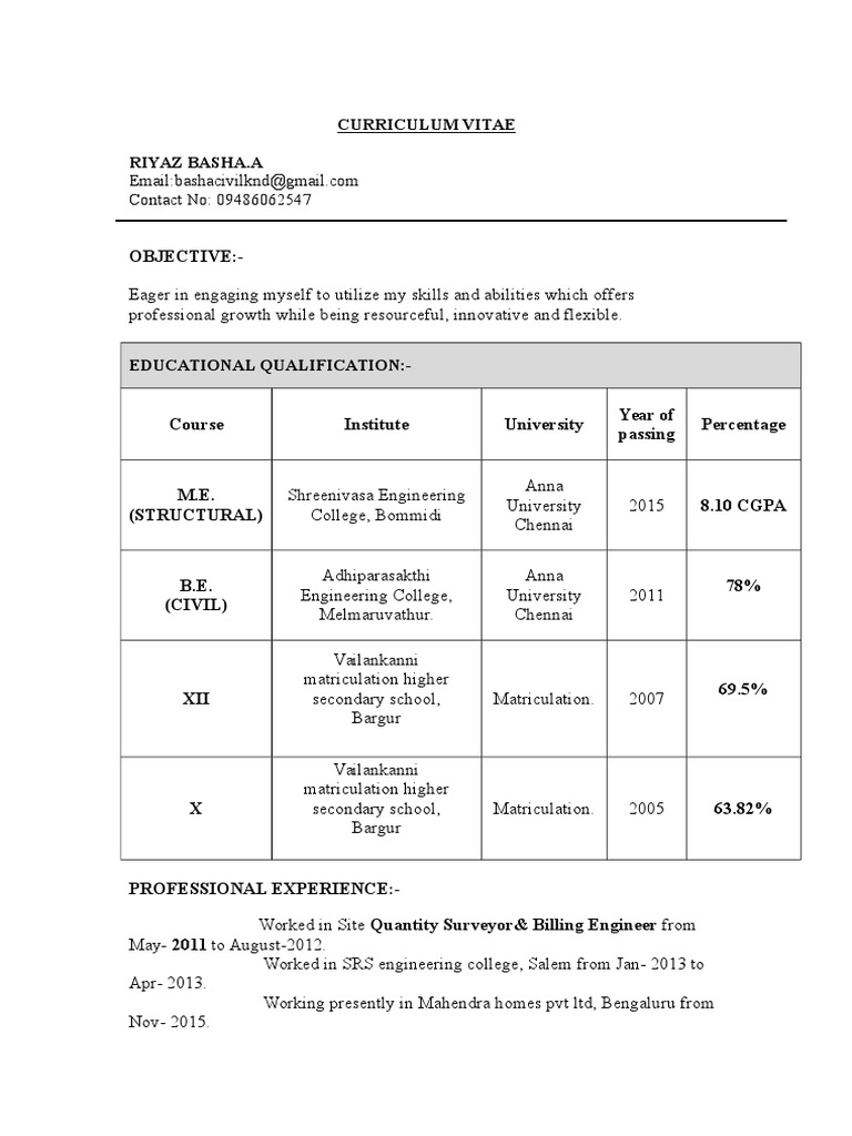 Curriculum Vitae Riyaz Basha.A | PDF | Cognition | Further Education