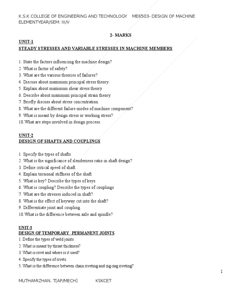 Design of Machine Elements Questions | PDF | Strength Of Materials ...