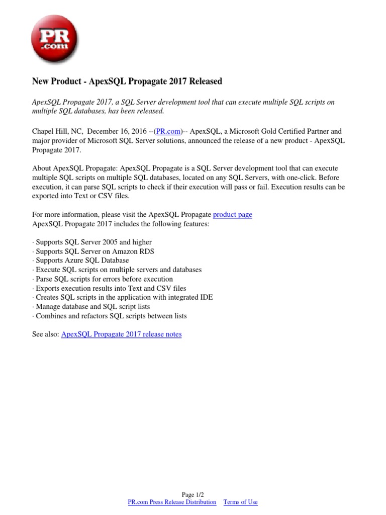 New Product - ApexSQL Propagate 2017 Released | PDF | Microsoft Sql Server | Sql