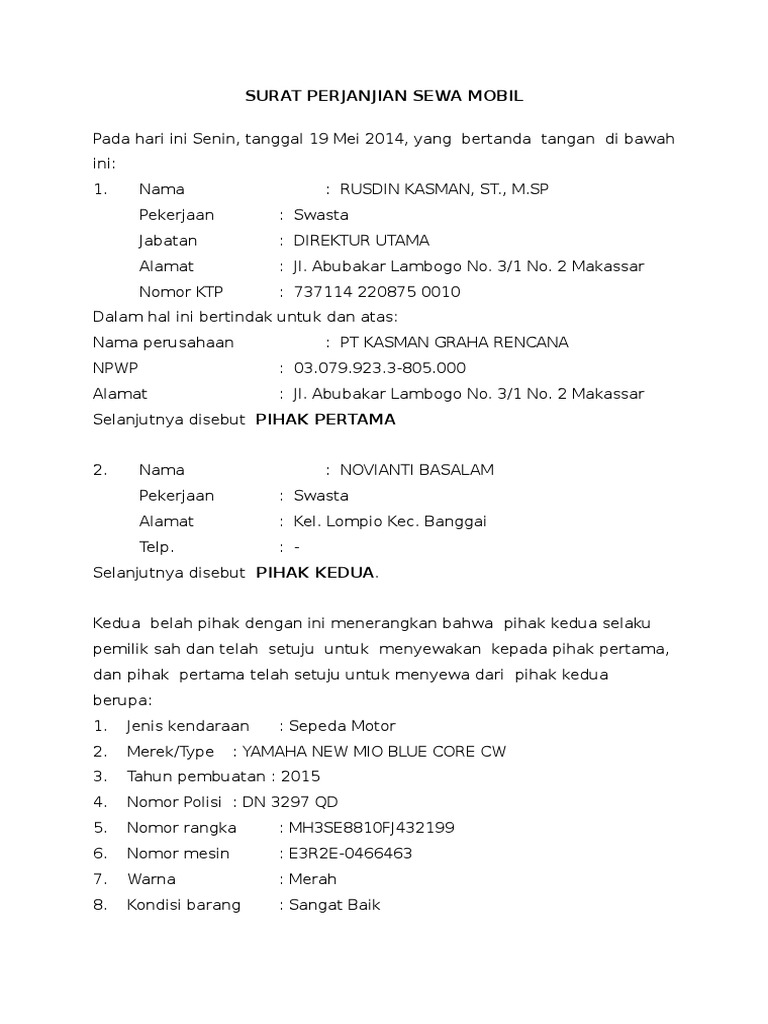 Surat Perjanjian Sewa Motor | PDF