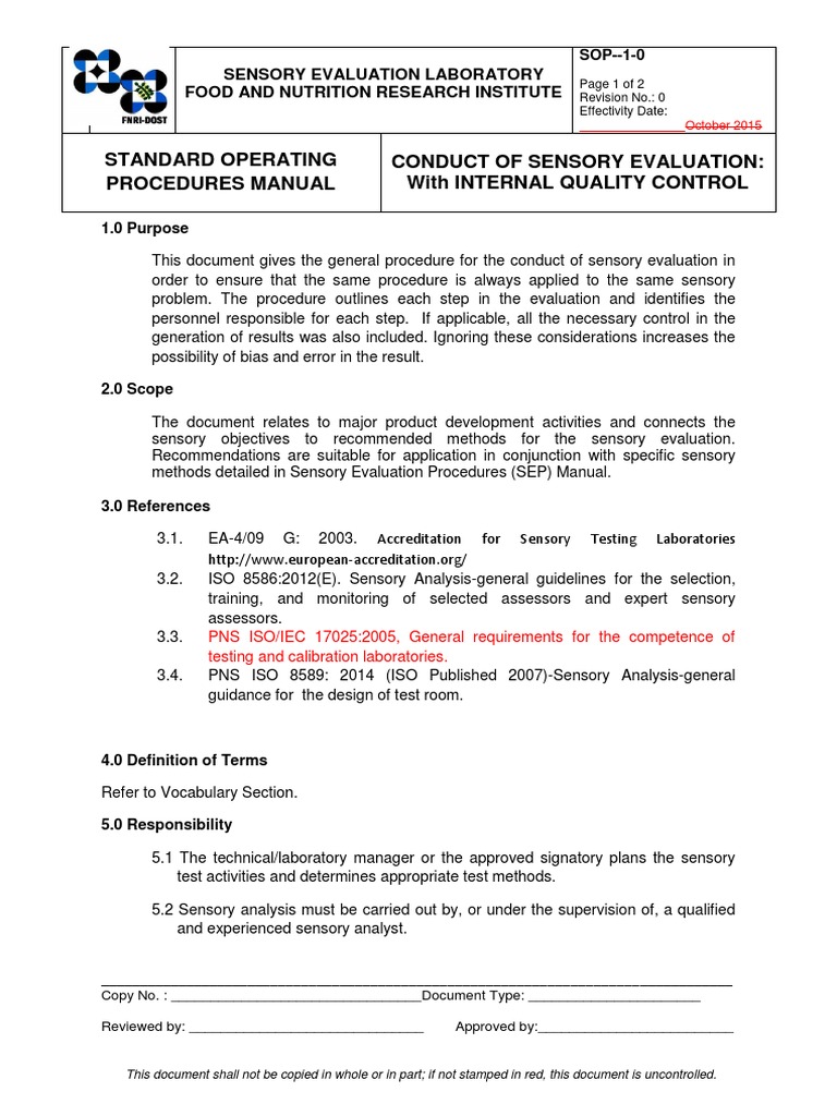 Sensory Evaluation SOP with Quality Control | PDF | Design Of ...
