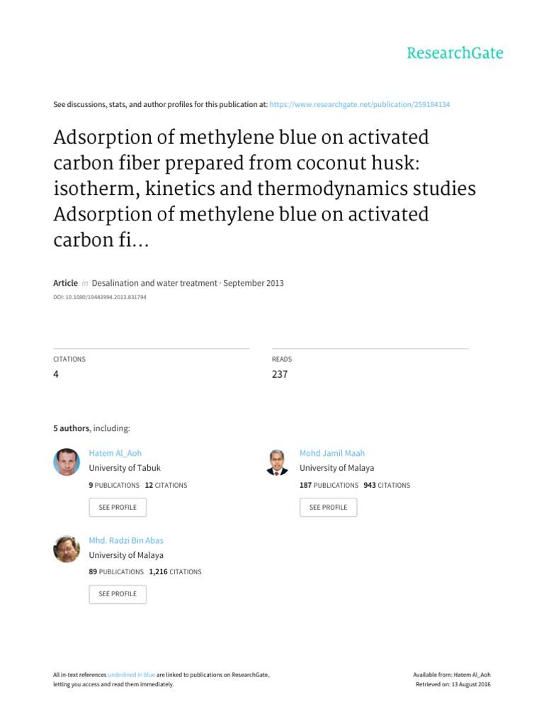 Thermodynamic and Kinetic Study of Methylene Blue Adsorption onto Activated Carbon Fiber ...