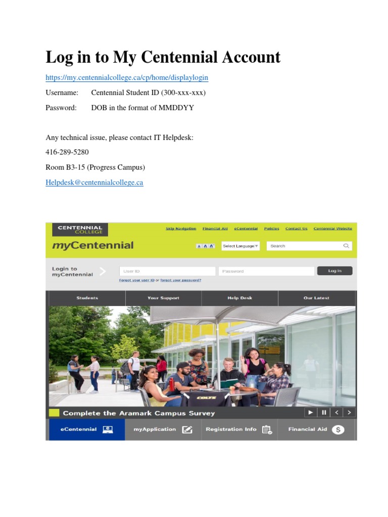 Log in To My Centennial Account: Username: Centennial Student ID (300 ...