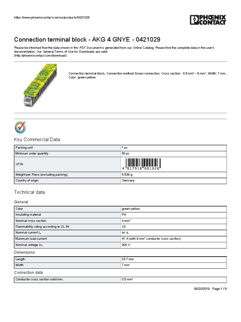 Connection Terminal Block - AKG 4 GNYE - 0421029: Key Commercial Data ...