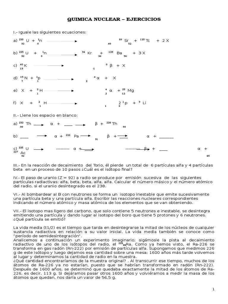 Ejercicios de Química Nuclear | PDF | Isótopo | Desintegración radioactiva