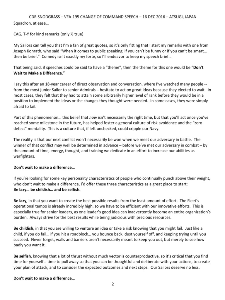 VFA-195 Change of Command Speech | PDF | Commander | United States Navy