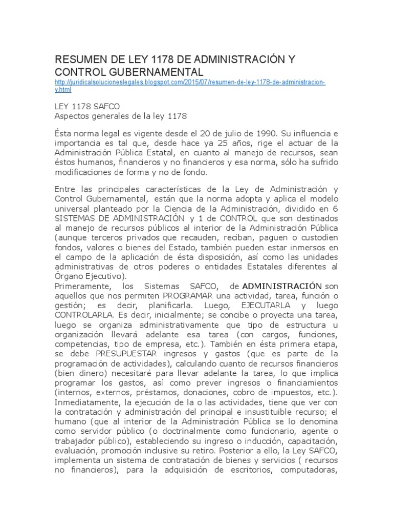 Resumen de Ley 1178 de Administración y Control Gubernamenta1 | PDF ...