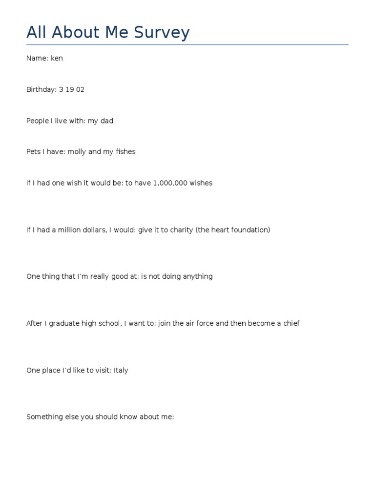 All About Me Survey For Home Page Docx Mo | PDF