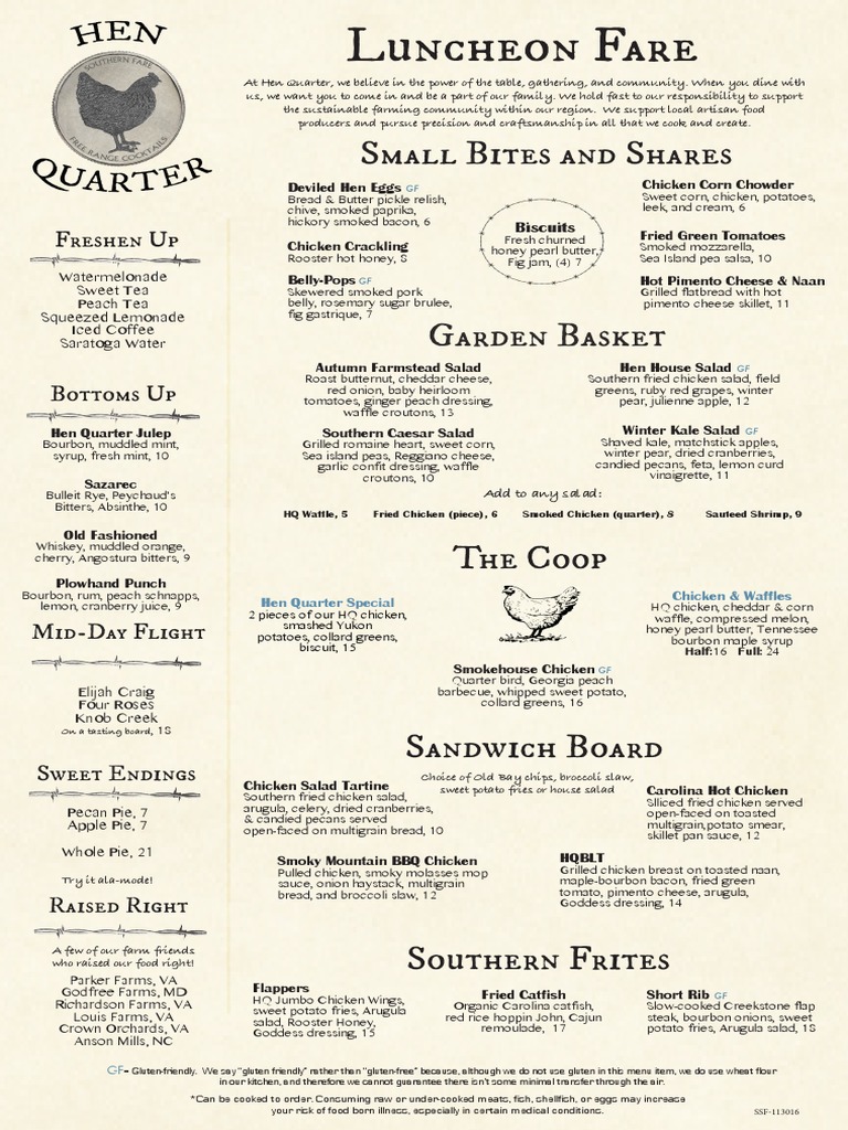 Hen Quarter Lunch Menu | PDF | French Fries | Salad