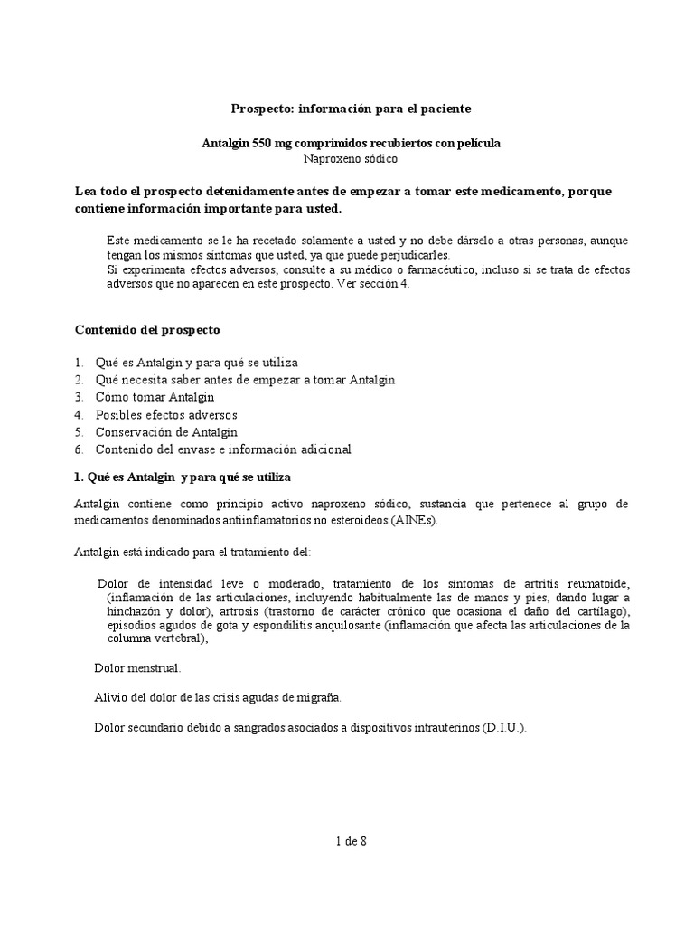 Información esencial sobre el uso de Antalgin 550 mg comprimidos ...