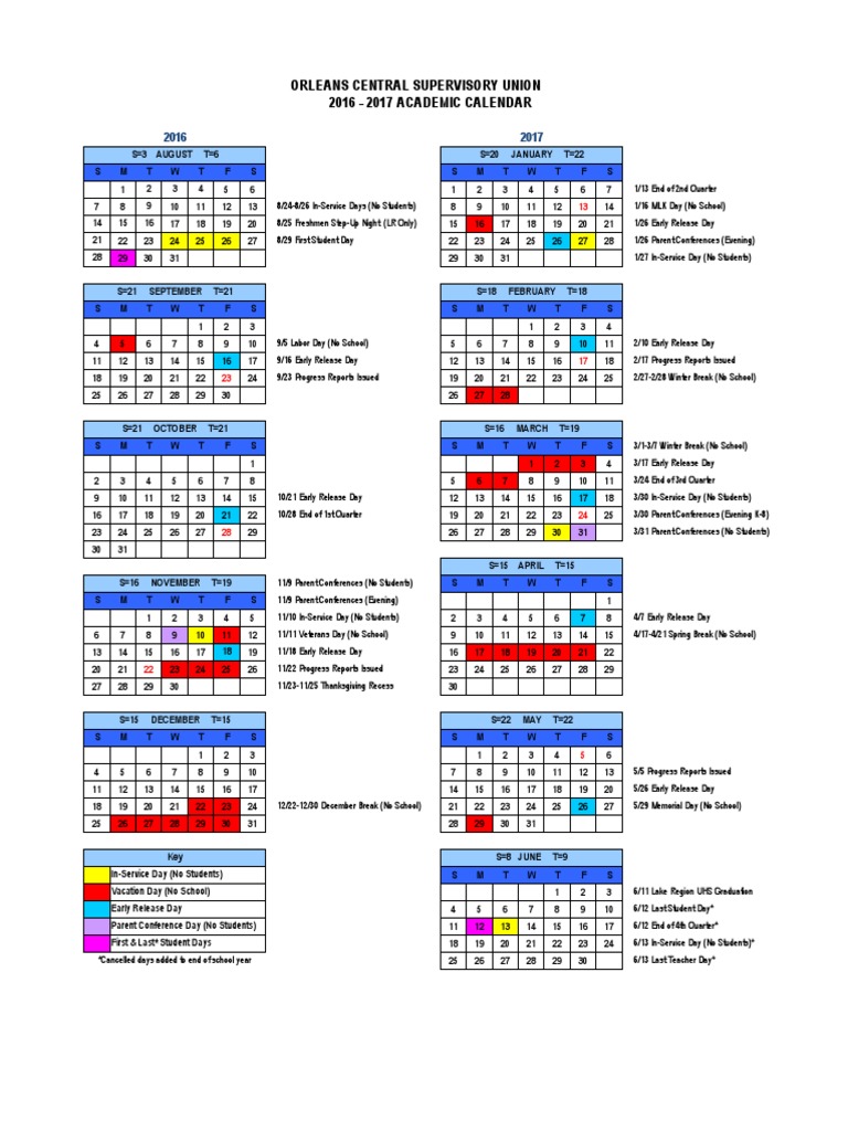 2016-2017 School Year Calendar | PDF | Schools | Educational Institutions